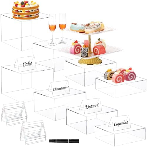 8 Pcs Acrylic Cube Riser with 8 Signs, Clear Buffet Riser Acrylic Cake ...