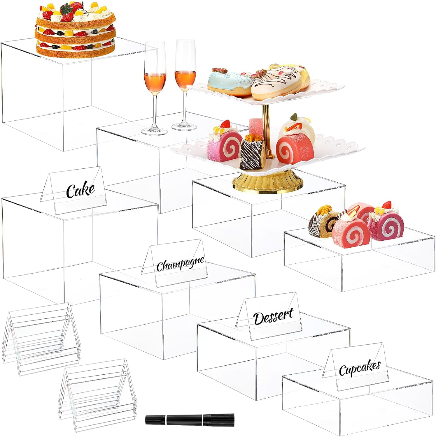 8 Pcs Acrylic cube Riser with 8 Signs Clear Buffet Riser Acrylic Cake ...