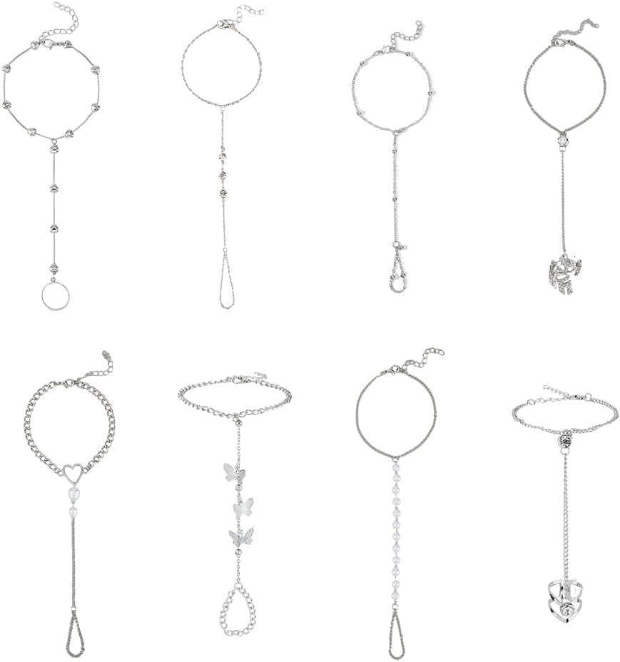 8 Pcs Alloy Finger Ring Bracelets Silver Link Chain Rings Bracelets ...