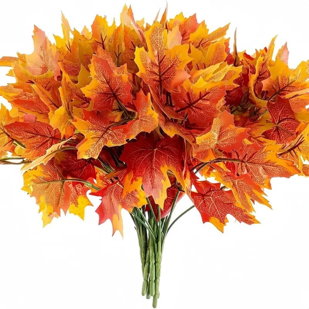 8 Pcs Artificial Maple Leaves Branches, Fall Faux Leaf Decoration Stem ...