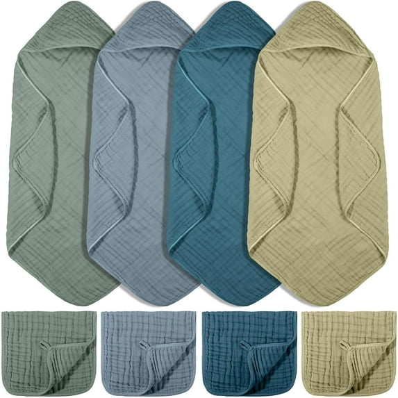 8 Pcs Baby Muslin Hooded Bath Towels and Washcloths, Muslin Hooded Baby ...