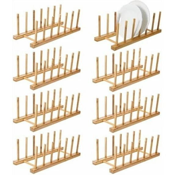 8 Pcs Bamboo Plate Holder & Wooden Dish Rack Organizer, 11.6x4.7x3.9 ...