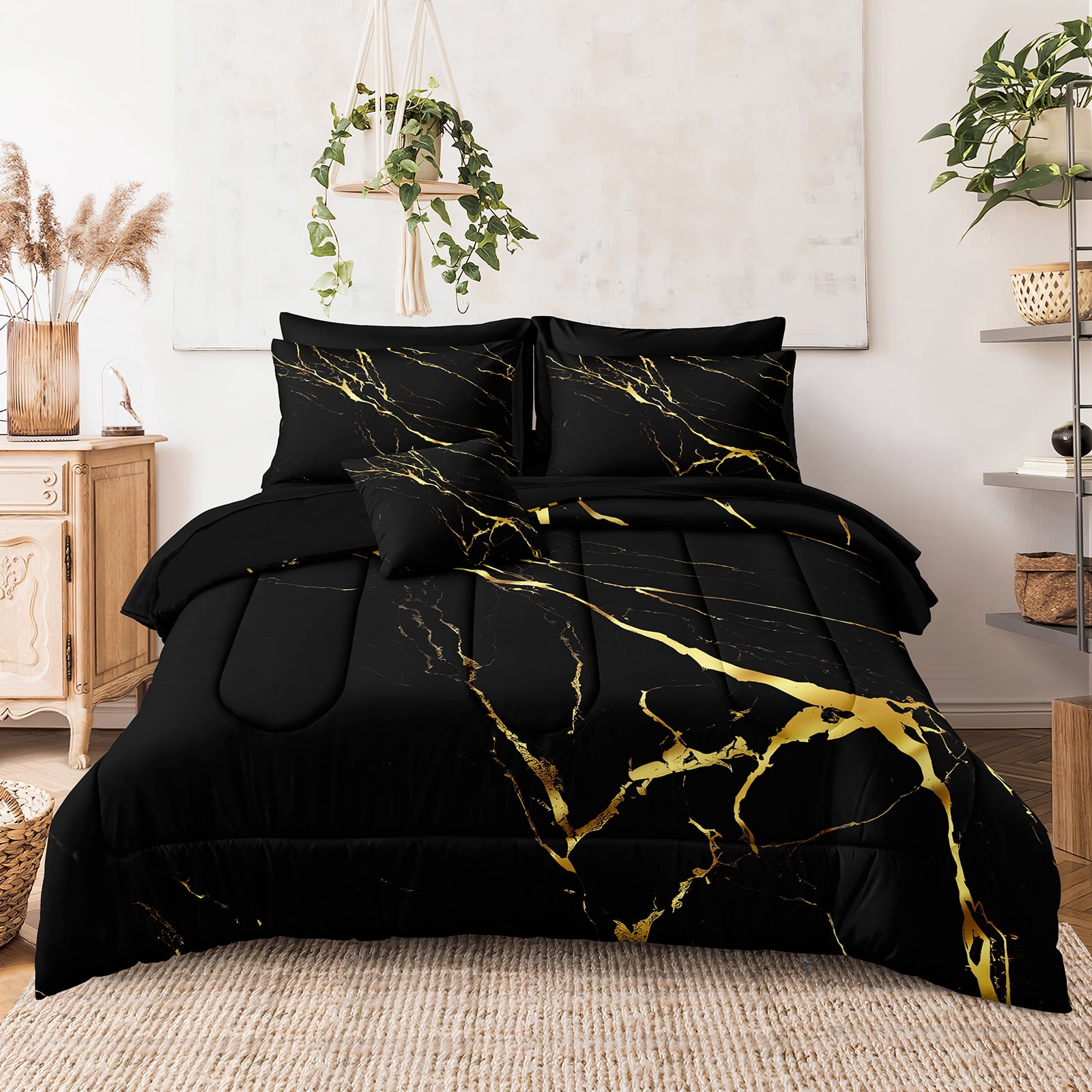 8 Pcs Bed in a Bag Black Marble Comforter Set King Size Gold Metallic ...