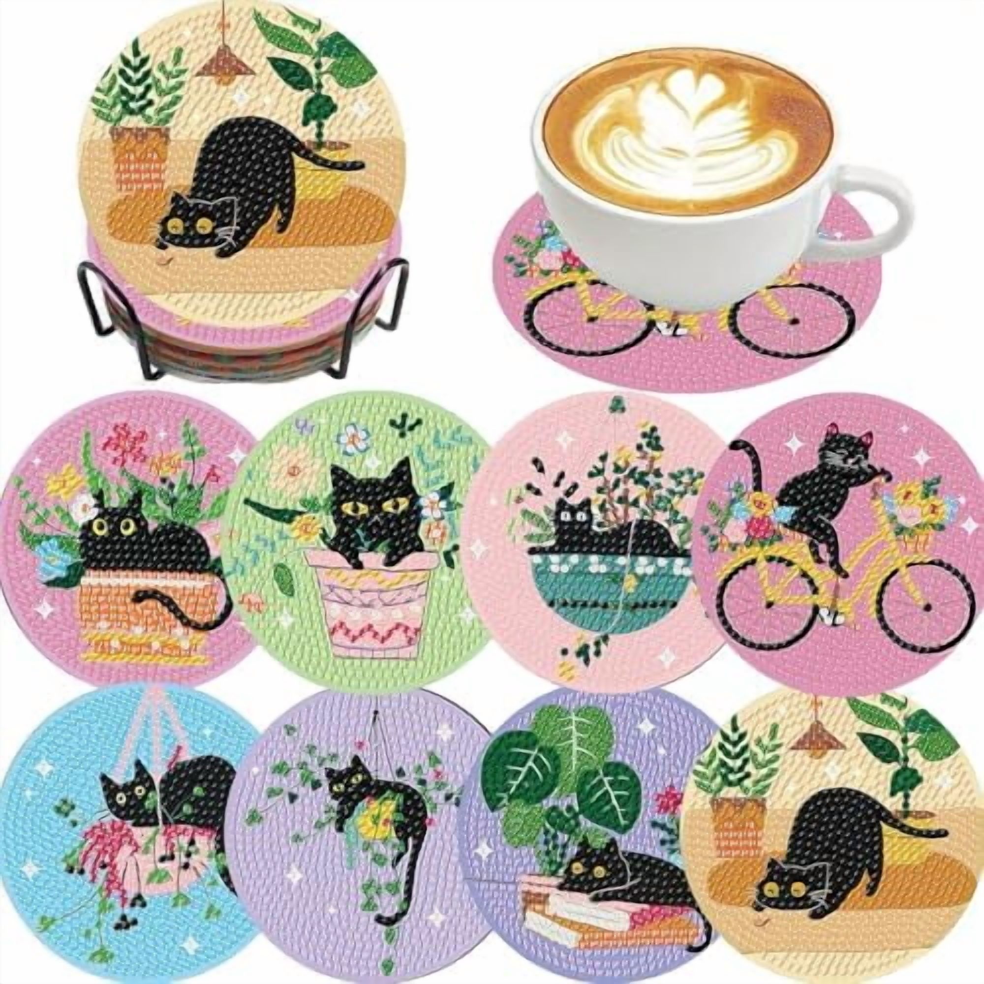 8 Pcs Black Cat Diamond Art Coasters Kit - DIY 5D Small Diamond ...