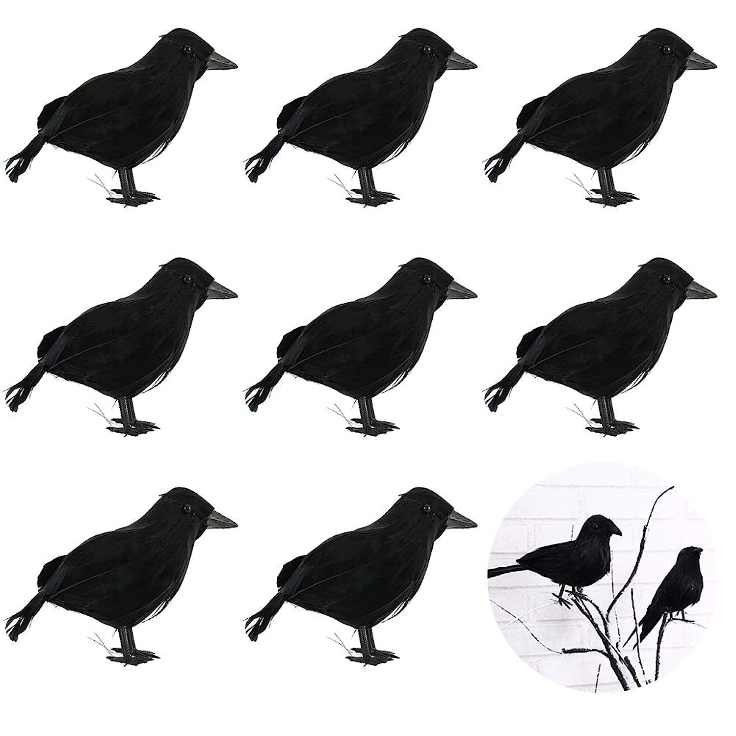 8 Pcs Black Feathered Crows Ravens Statue Black Birds Figurine Handmade ...
