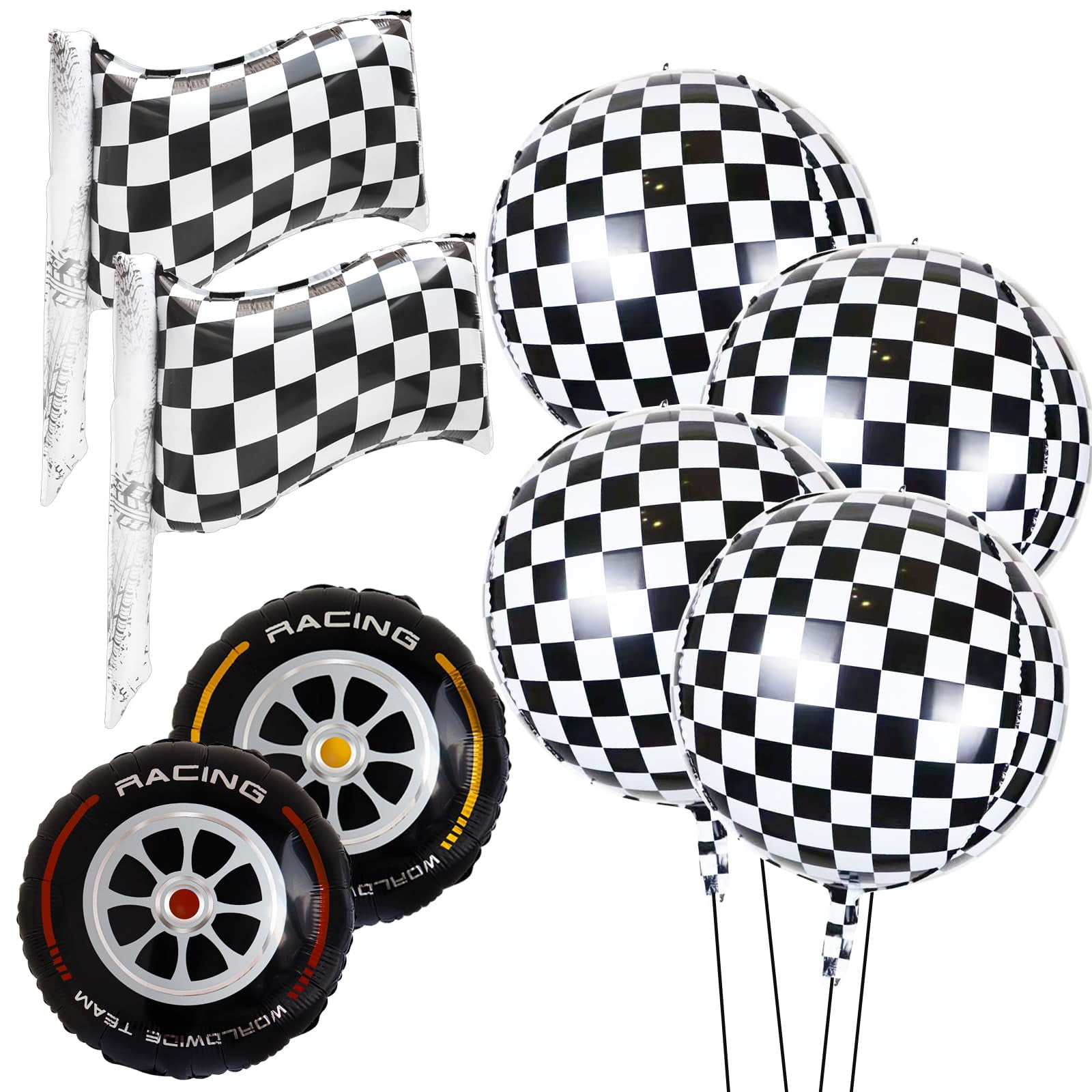 8 Pcs Black White Checkered Ball KKS1 Flag Balloons Foil Wheel Tire ...
