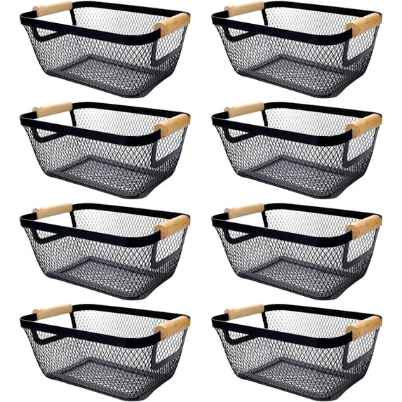 8 Pcs Black Wire Basket with Wooden Handle Metal Mesh Baskets for ...