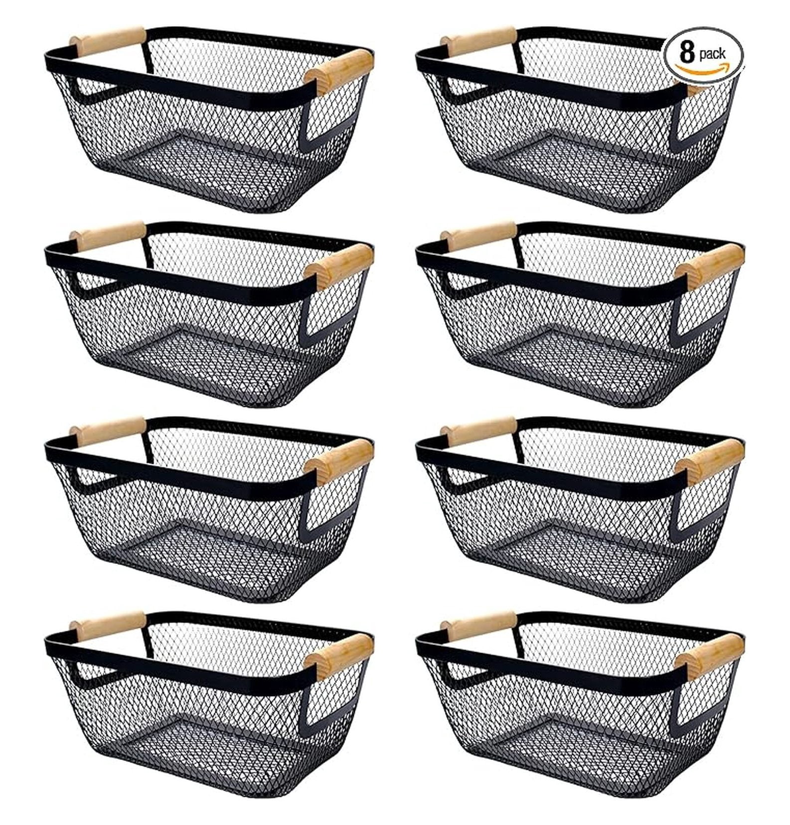 8 Pcs Black Wire Basket with Wooden Handle Metal Mesh Baskets for ...