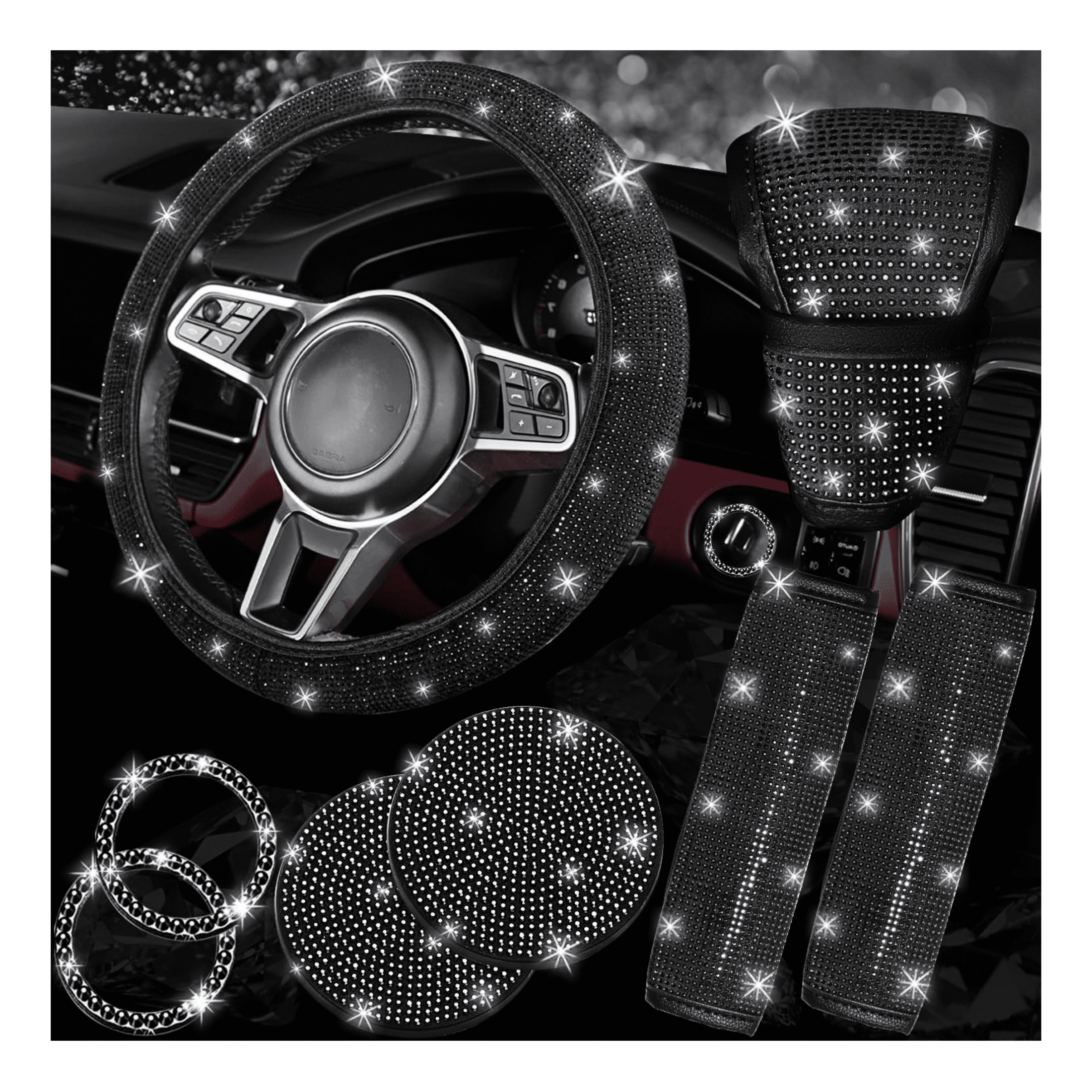 8 Pcs Bling Car Accessories Set for Women, Steering Wheel Cover ...