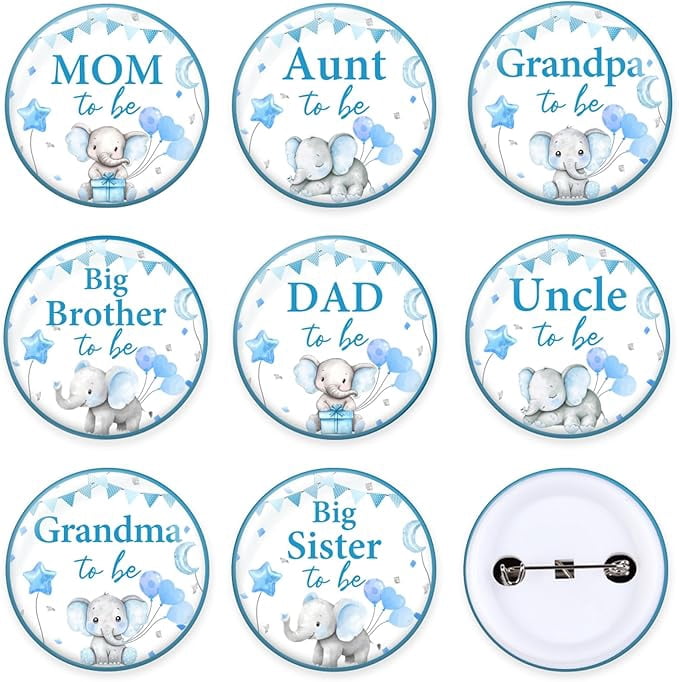8 Pcs Blue Elephant Baby Shower Family Pins - Mom Dad Aunt Uncle ...