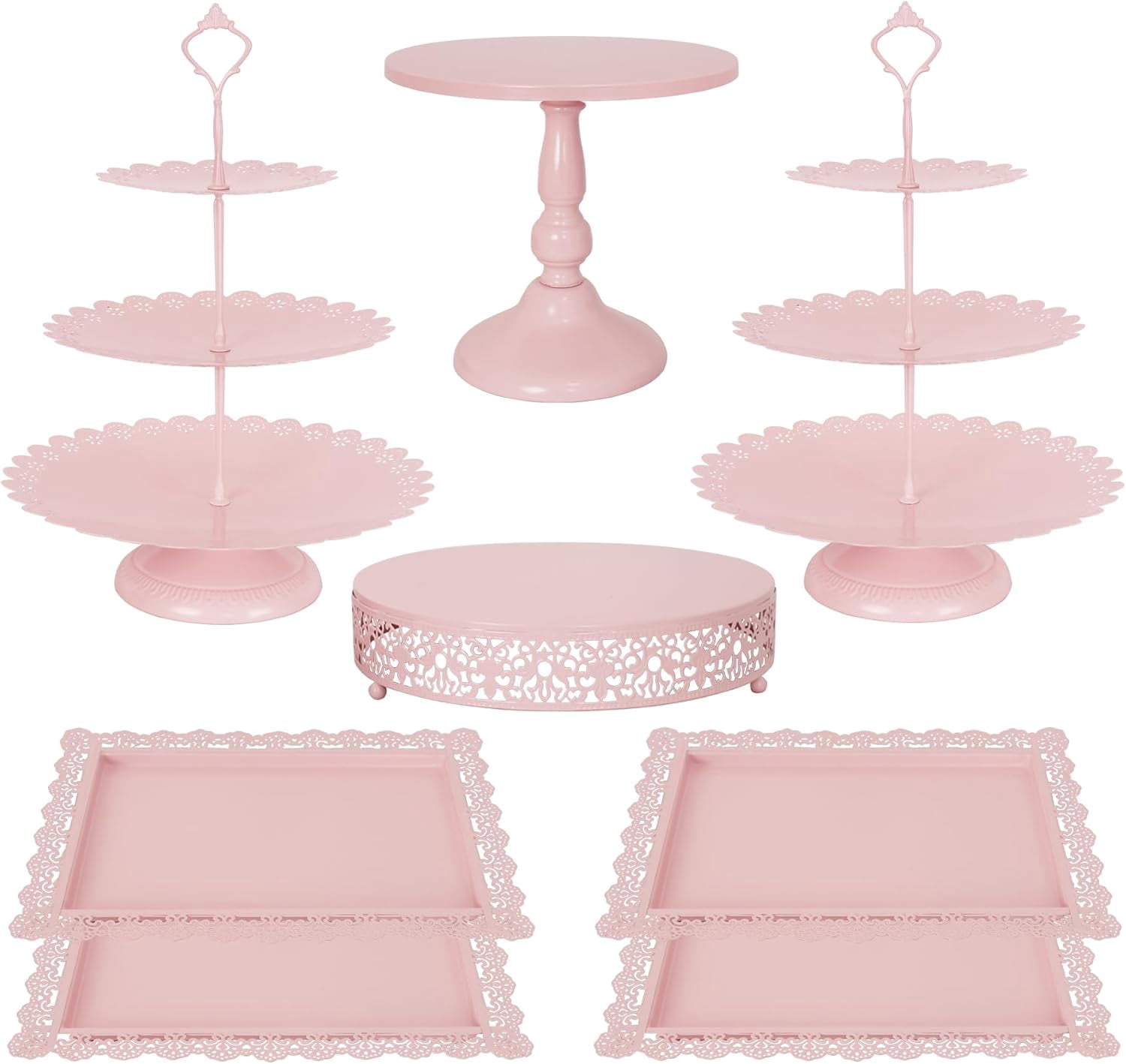 8 Pcs Cake Stand Pink Metal Dessert Table Display Set, 3-Tier Cupcake ...