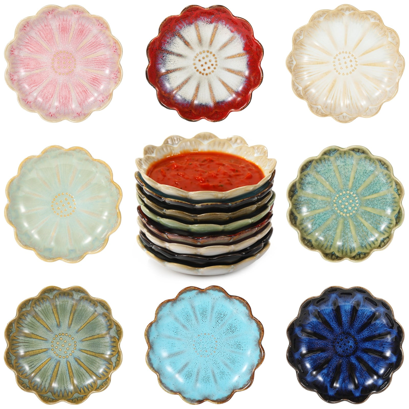 8 Pcs Ceramic Dipping Bowls, Round Small Sauce Dishes, Glazed Flower ...