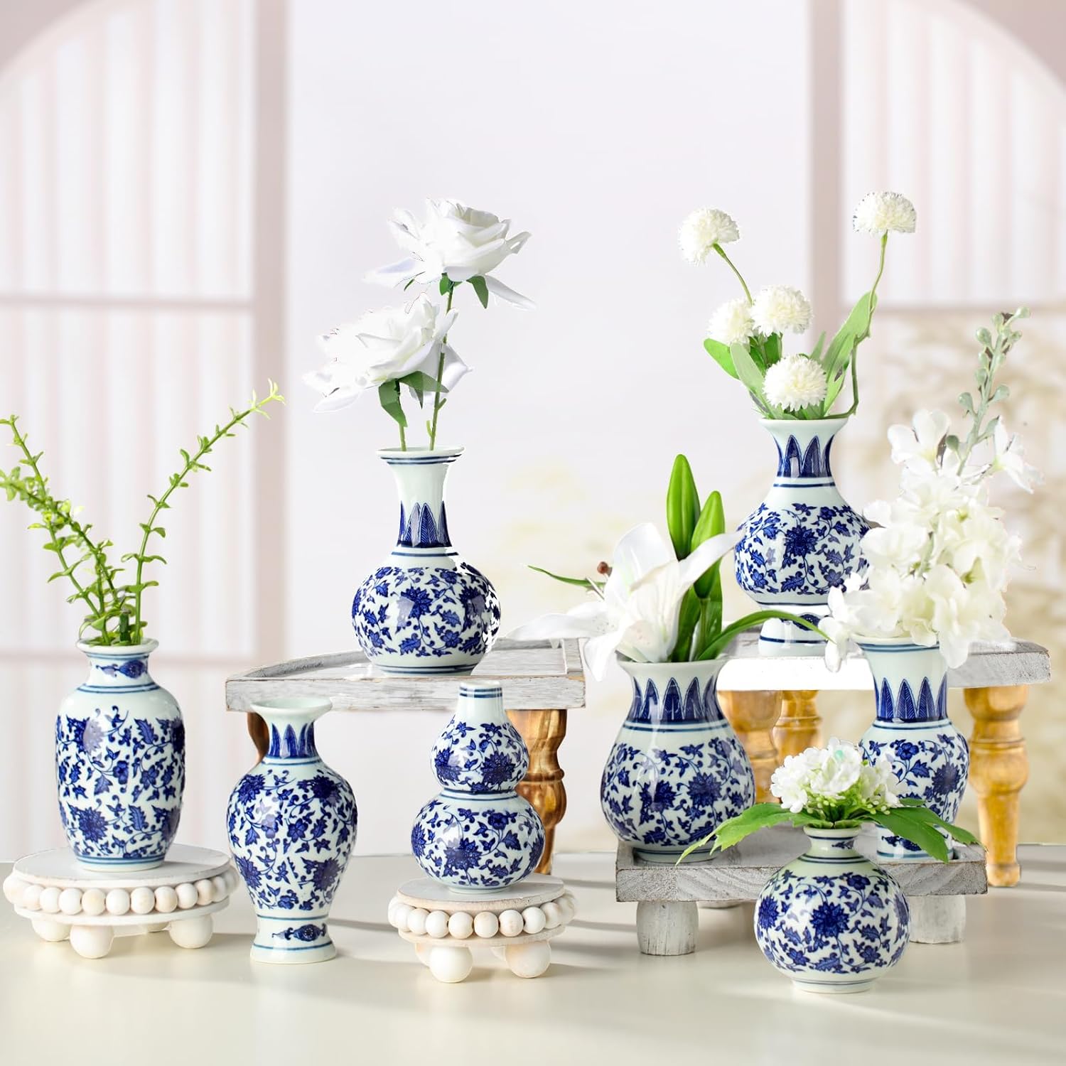 8 Pcs Chinoiserie Bud Vases Ceramic Small Blue and White Floral Chinese ...