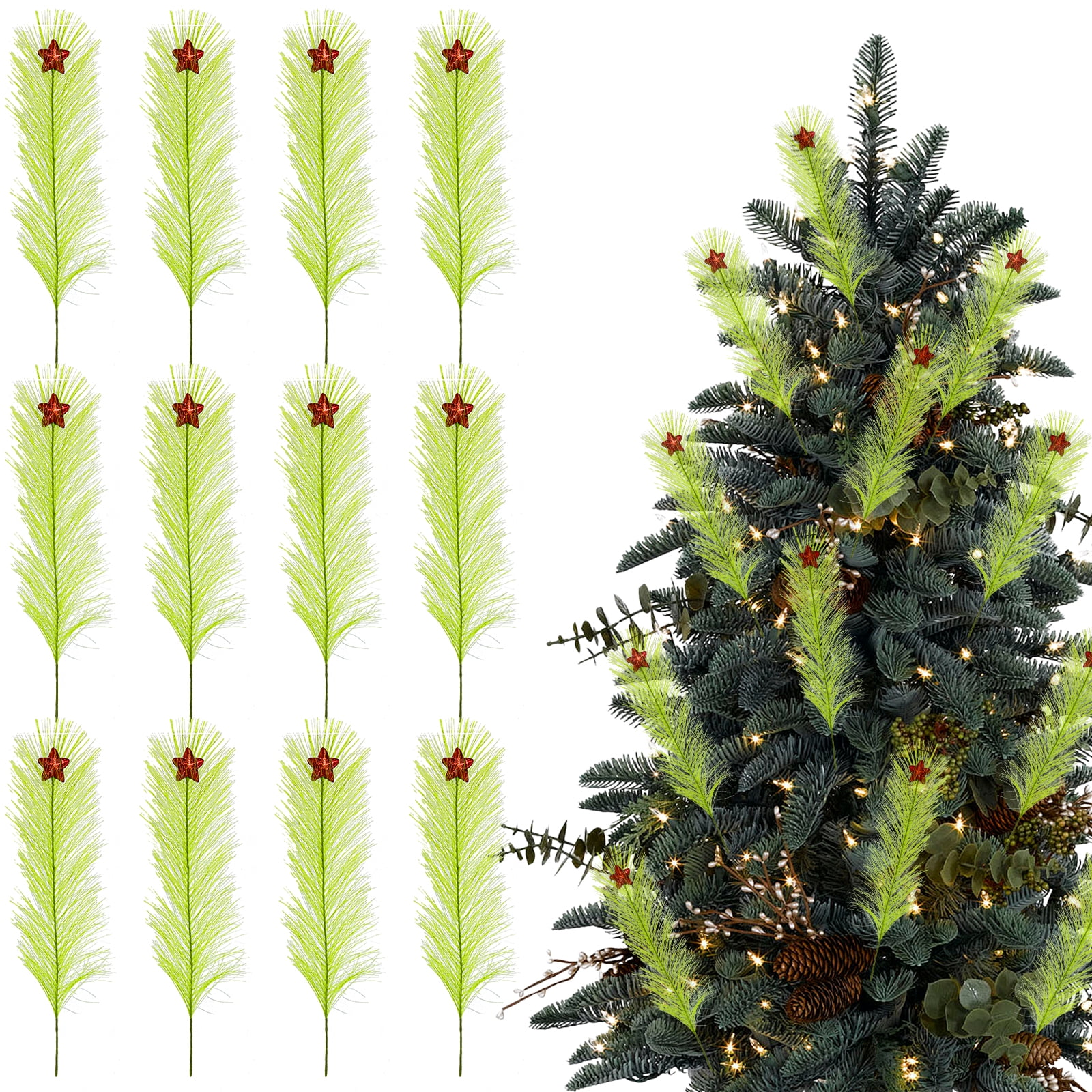 12 Pcs Christmas Tree Topper 16'' Lime Green Curly Tree Picks with Red ...