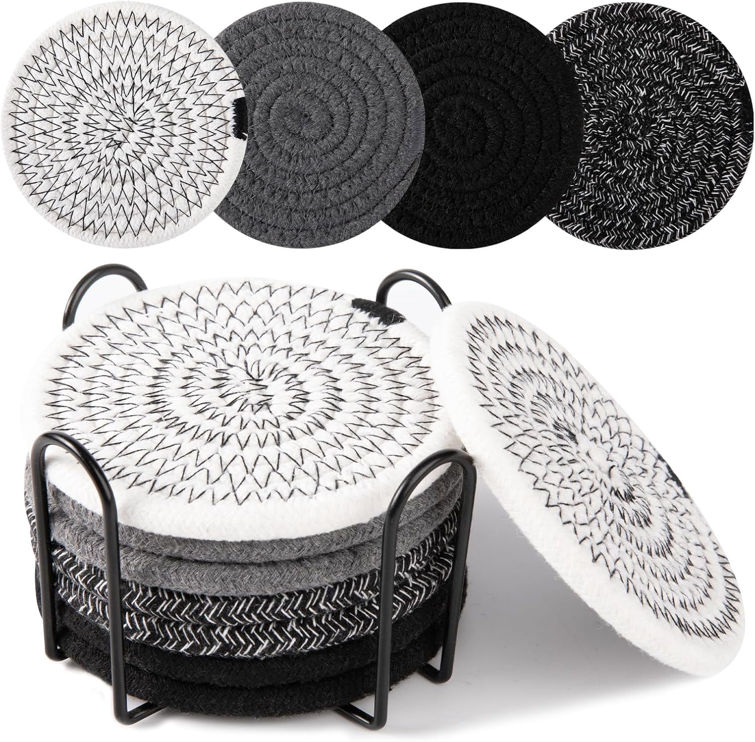 8 Pcs Coasters with Holder for Beer, Coffee, Woven Cotton Coaster Set ...