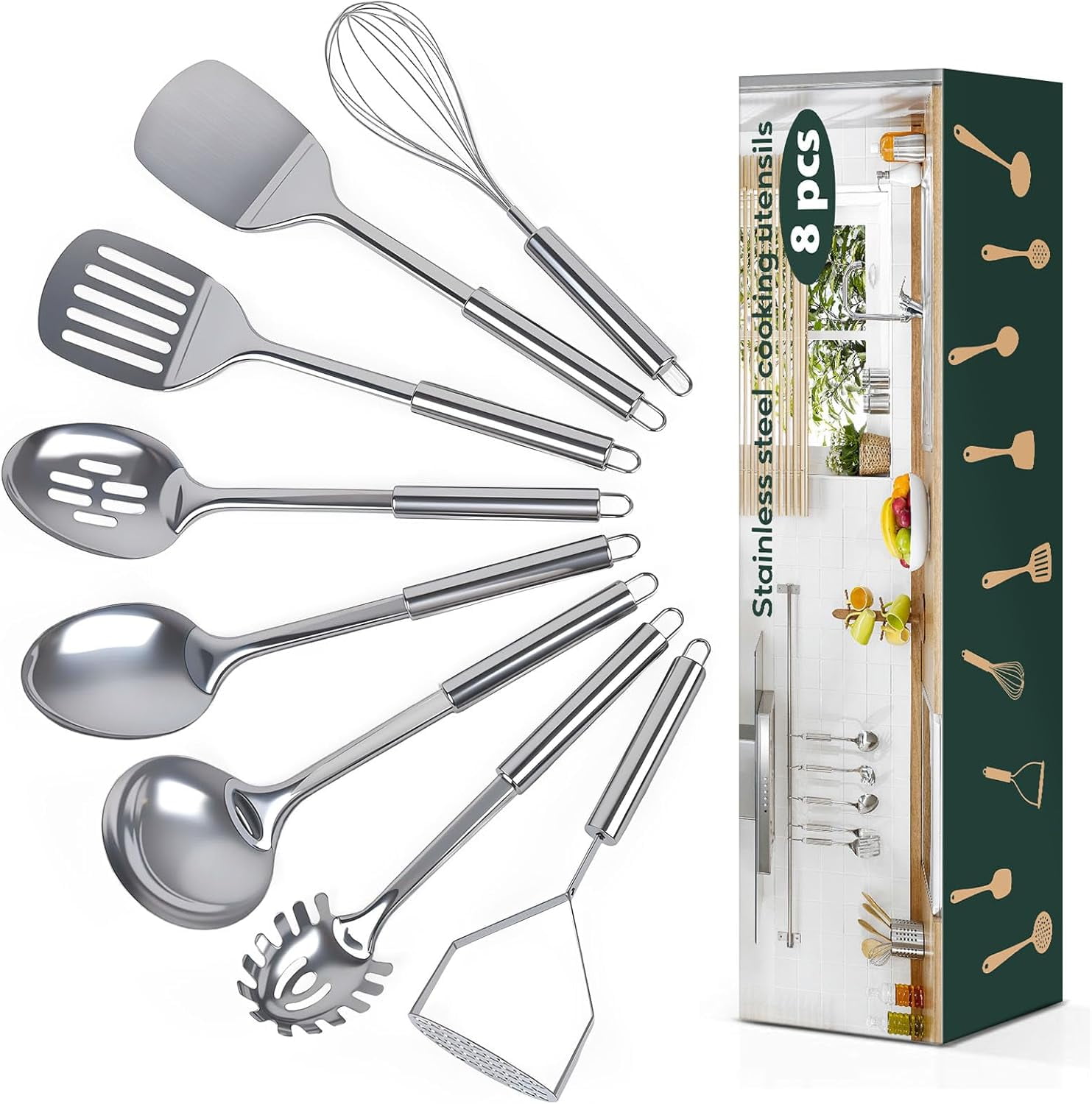 8 Pcs Cooking Utensils Set, Stainless Steel Kitchen Utensils, Heat ...