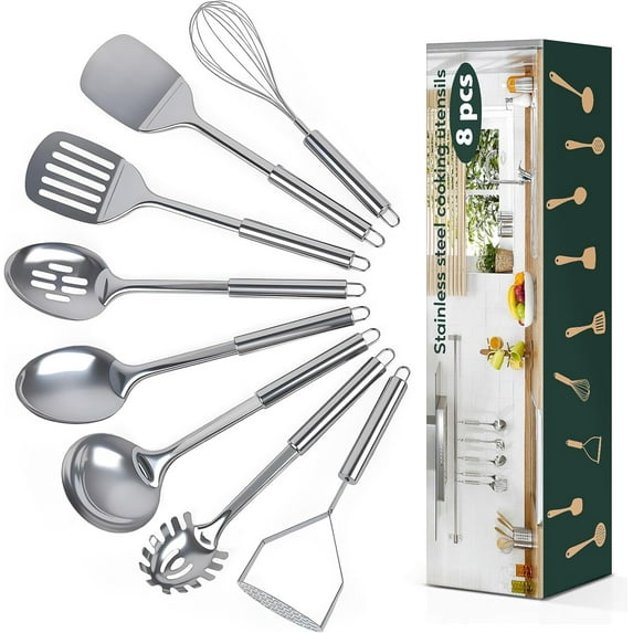 8 Pcs Cooking Utensils Set, Stainless Steel Kitchen Utensils, Heat ...