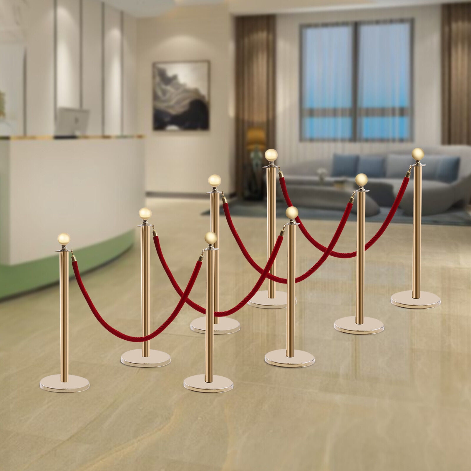 8 Pcs Crowd Control Stanchion Gold Posts Set W/ Red Velvet Rope Queue ...