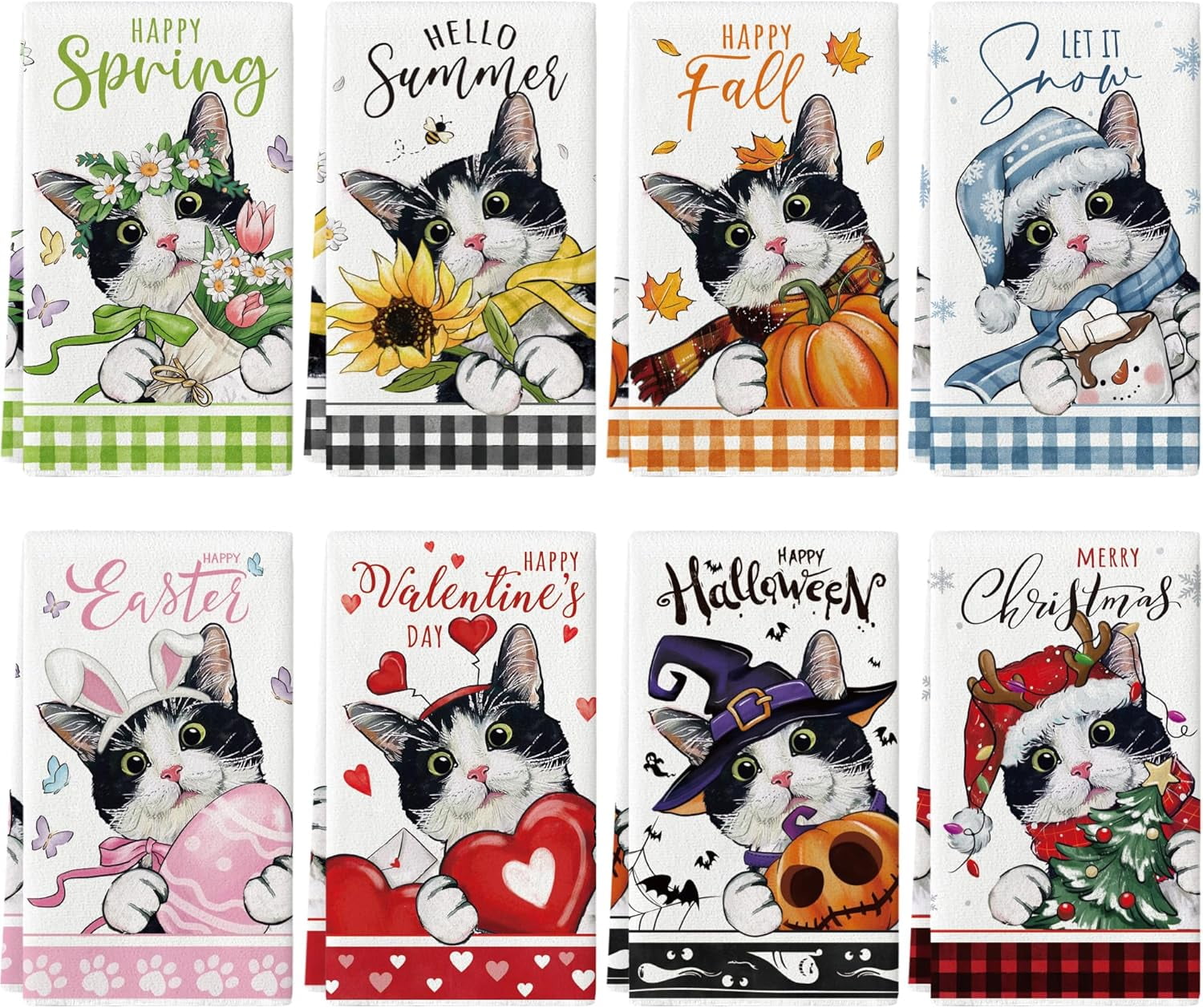 8 Pcs Cute Cat Kitchen Towels Seasonal Holiday Dish Towels for Kitchen ...