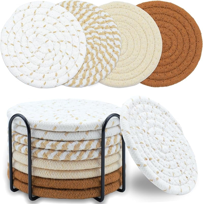 8 Pcs Drink Coasters, Minimalist Cotton Woven Coaster Set, 4 Colors ...