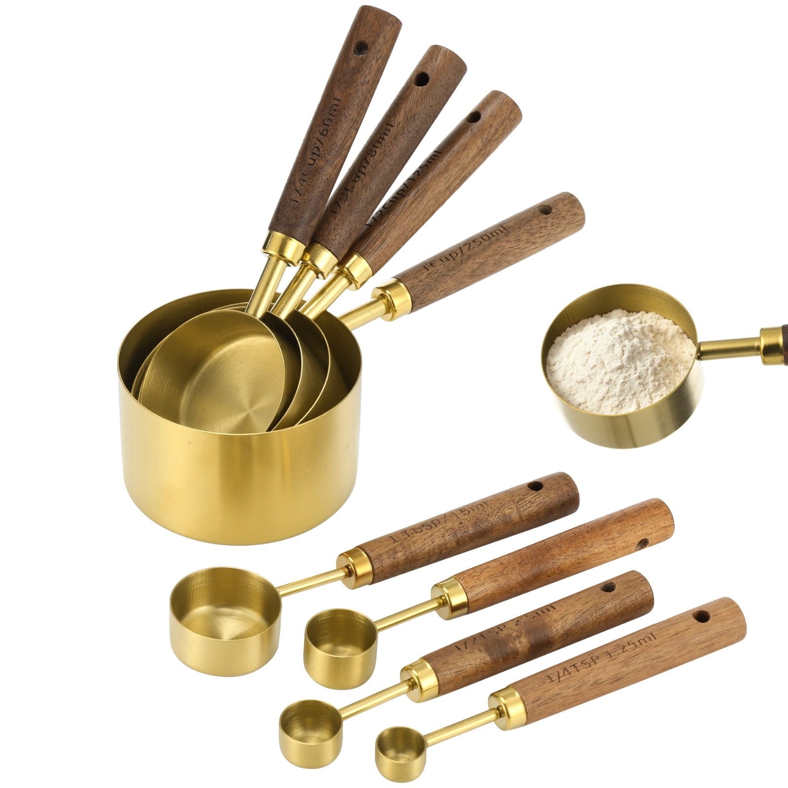 8 Pcs Gold Stainless Steel Measuring Cups and Spoons Set, Acacia Wooden ...
