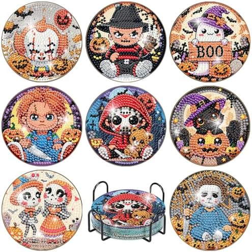 8 Pcs Halloween Diamond Art Coasters Kits with Holder, Cute Horror ...