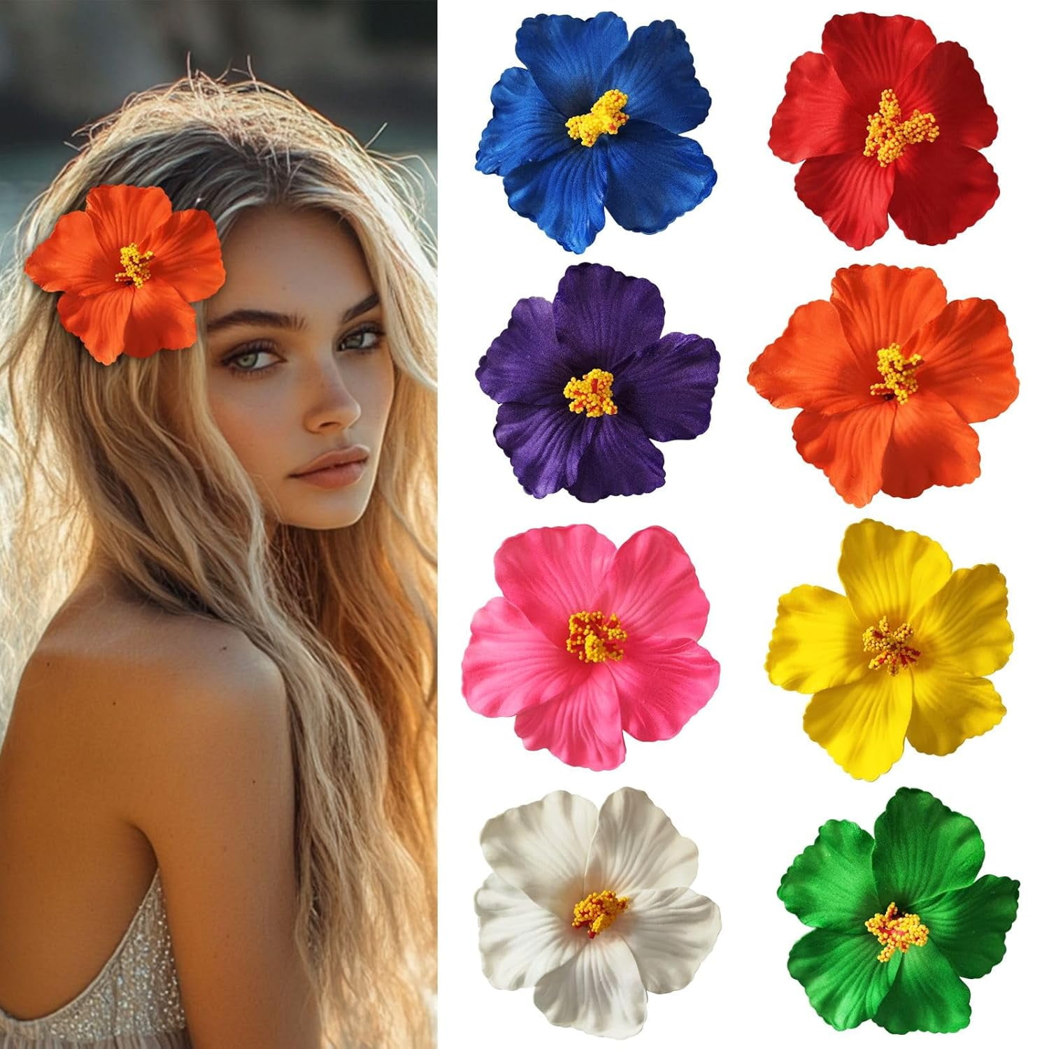 8 Pcs Hawaiian Flower Hair Clips, 3.5 Inches Artificial Flower Clips ...