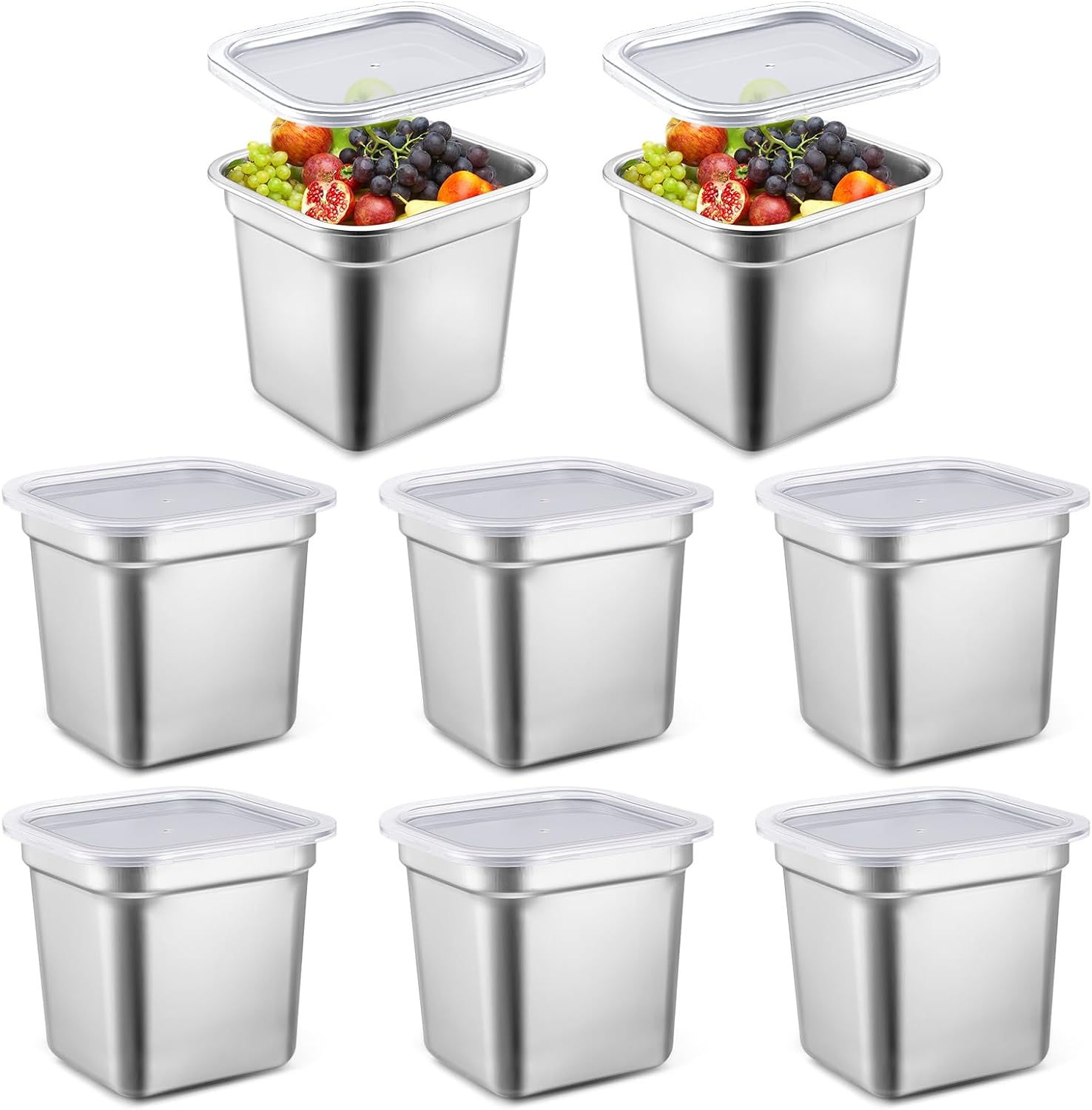 8 Pcs Hotel Pan 1/6 Size Steam Table Pan with PP Plastic Lid Stainless ...