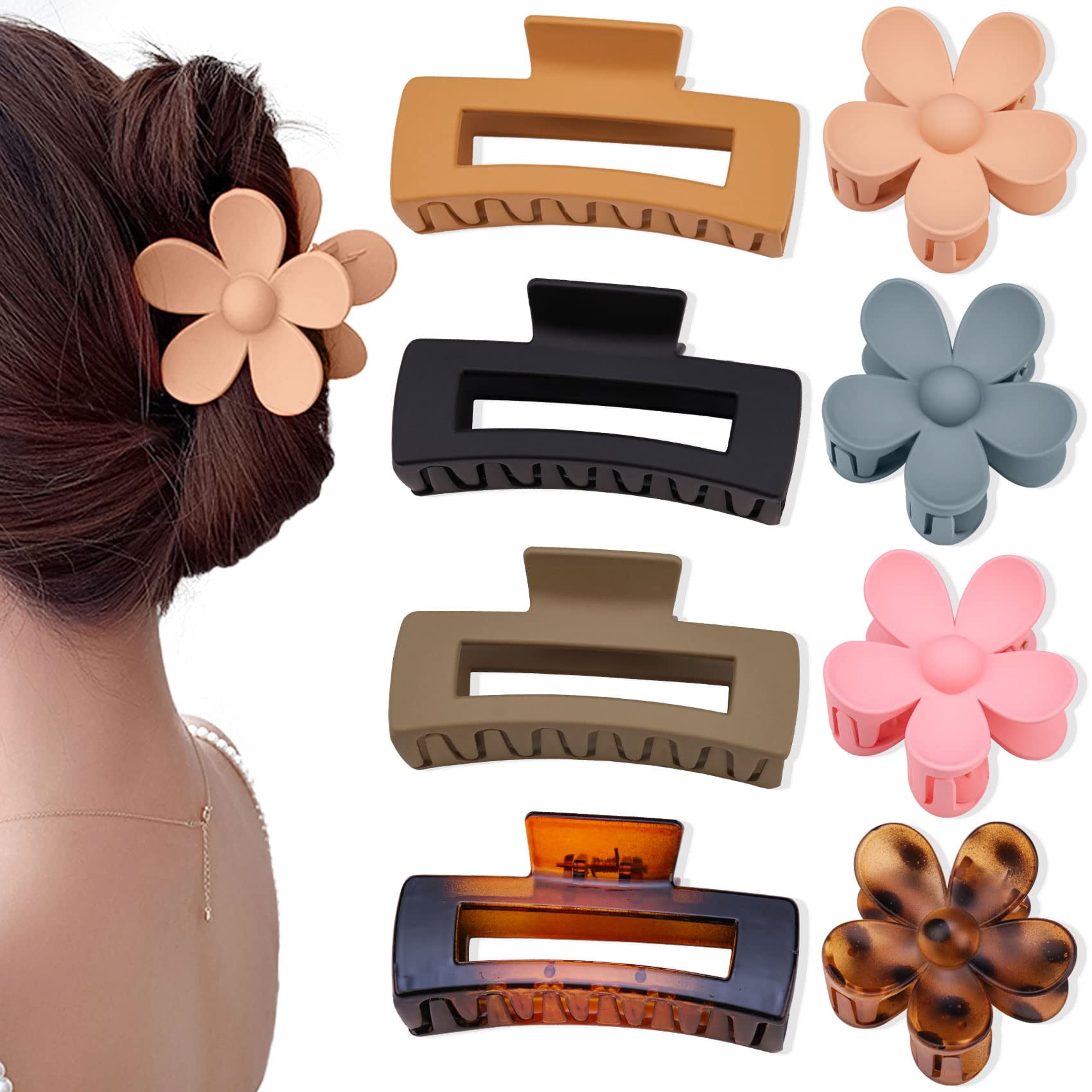 8 Pcs Large Hair Claw Clips Flower and Rectangle Claw Clips Matte Non ...