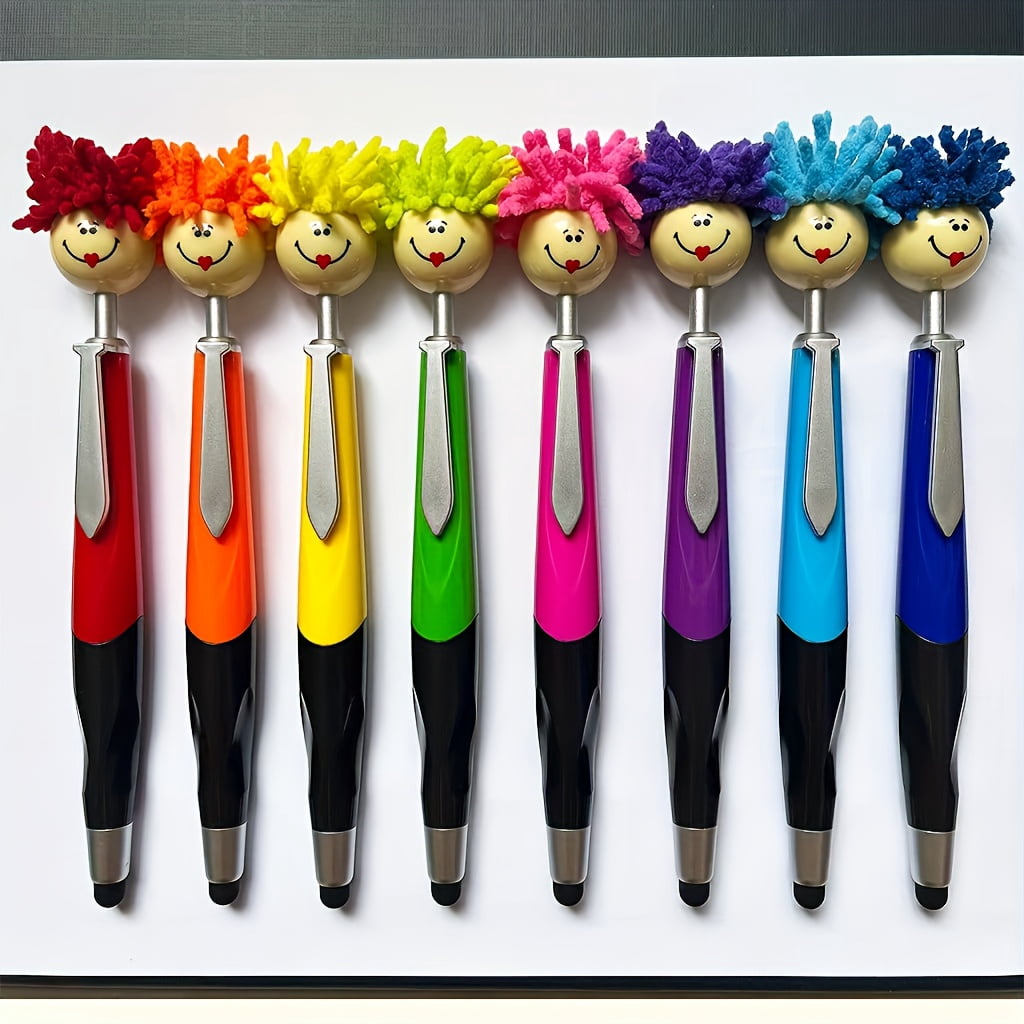 8 Pcs Mop Head Ballpoint Pens with Smiling Face Design, Fun Plush Hair ...
