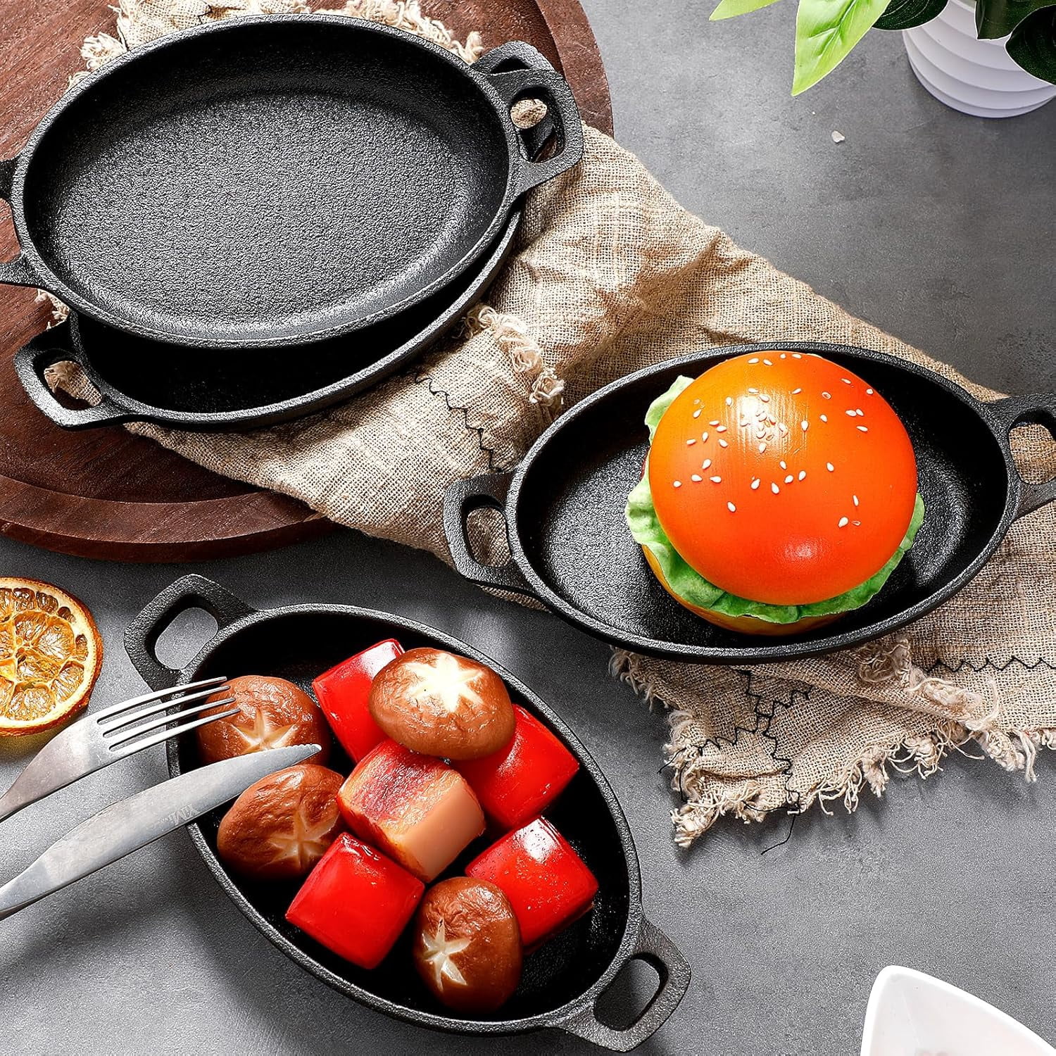 8 Pcs Oval Cast Iron Skillet Baking Pan Sizzling Plate Matte Black for ...