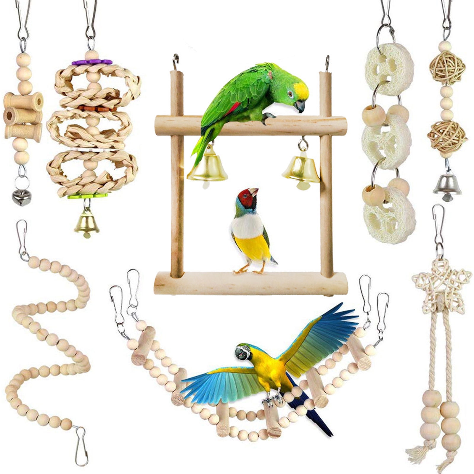 8 Pcs Parrot Toy Set, Wooden Bird Swing, Chewing Toy, Cage Nest Hanging ...