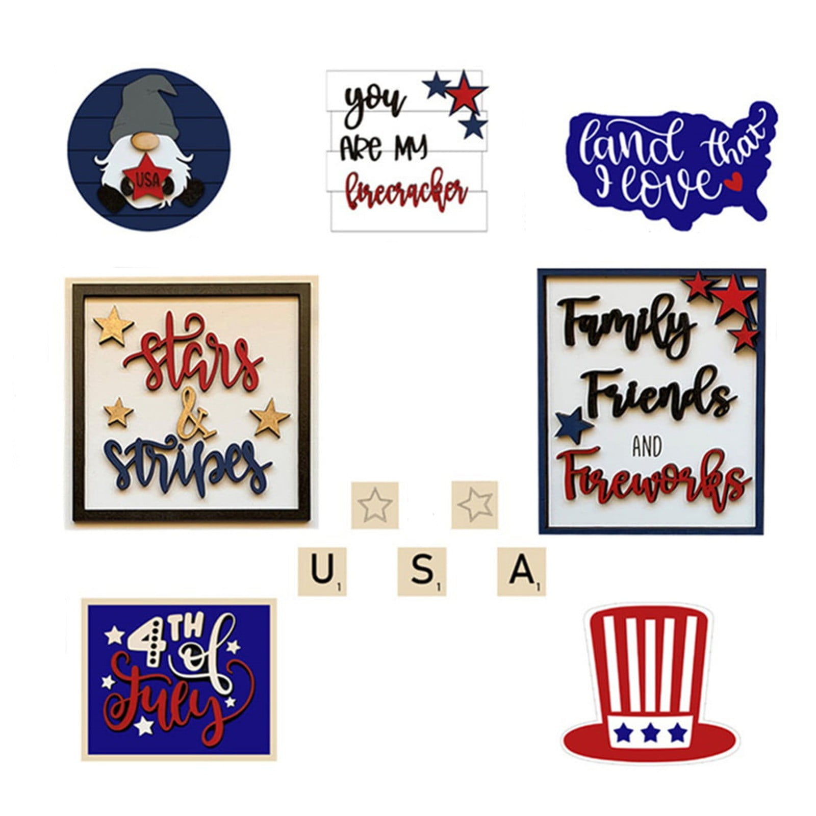 8 Pcs Patriotic Tiered Tray Decor Bundle Wood Signs Independence Day ...