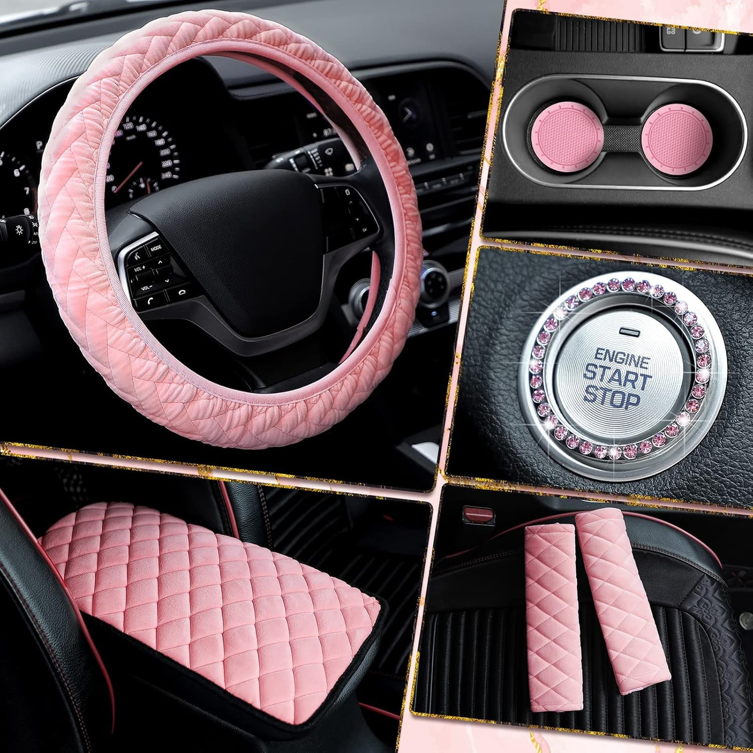 8 Pcs Pink Cute Car Accessories Set Includes Steering Wheel Cover 2 ...