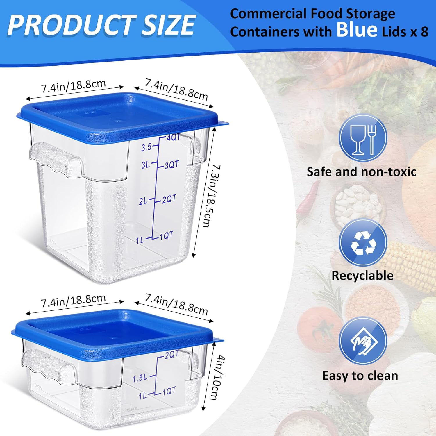 8 Pcs Restaurant Food Storage Containers with Lids Set 2Qt and 4Qt ...