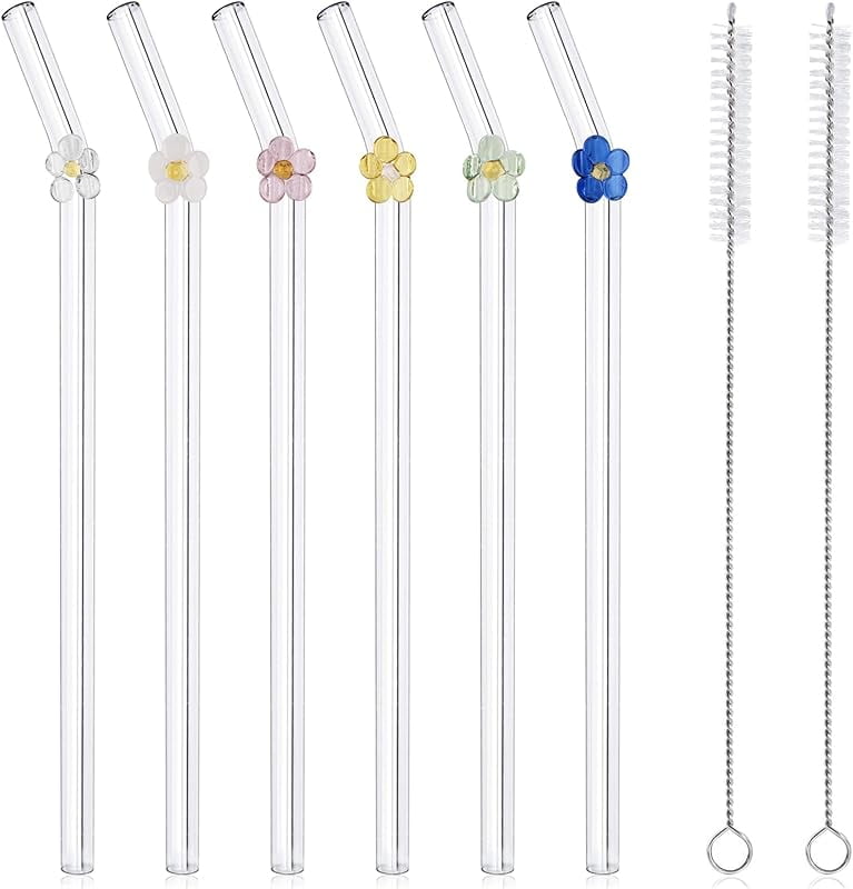 8 Pcs Reusable Glass Straws with 2 Cleaning Brushes, Cute Colorful ...