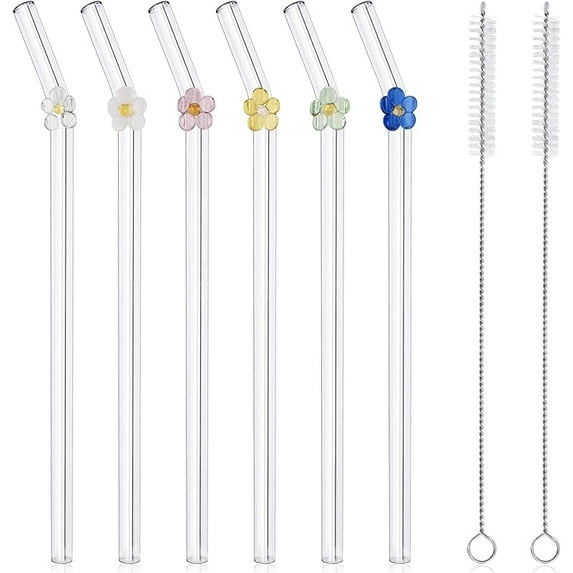 8 Pcs Reusable Glass Straws with 2 Cleaning Brushes, Cute Colorful ...
