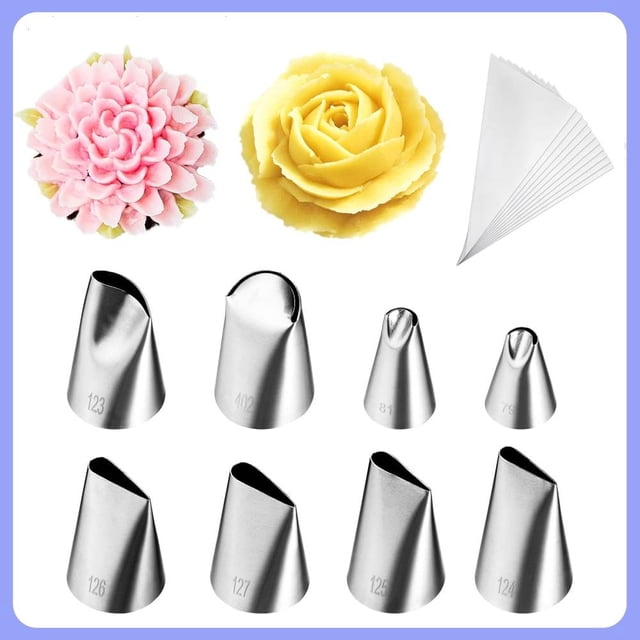 8 Pcs Rose Flower Piping Tips Set,Petal Icing Tips with 10 Pcs ...
