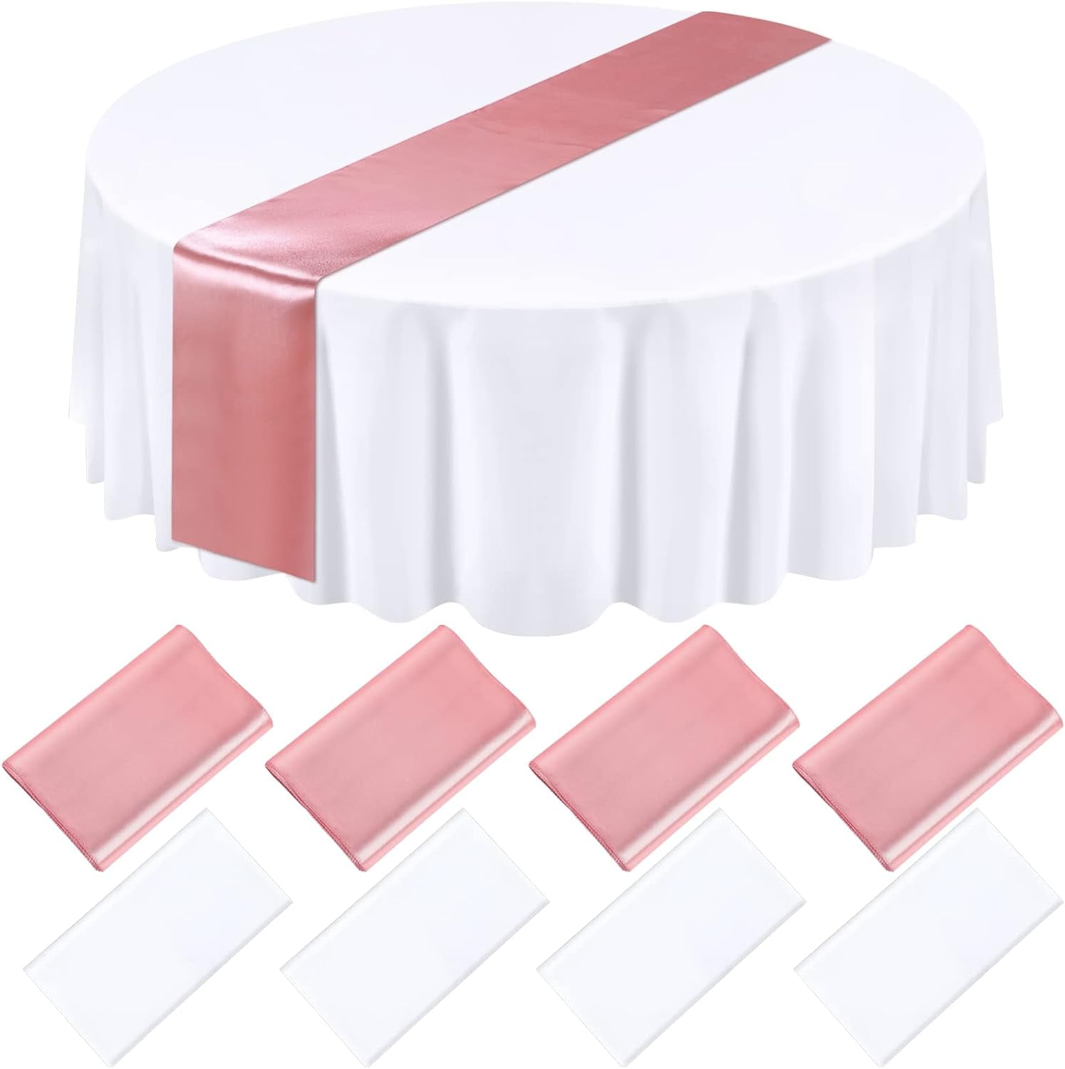 8 Pcs Round Plastic Tablecloth and 12"x108" Satin Table Runner Kit 84 ...