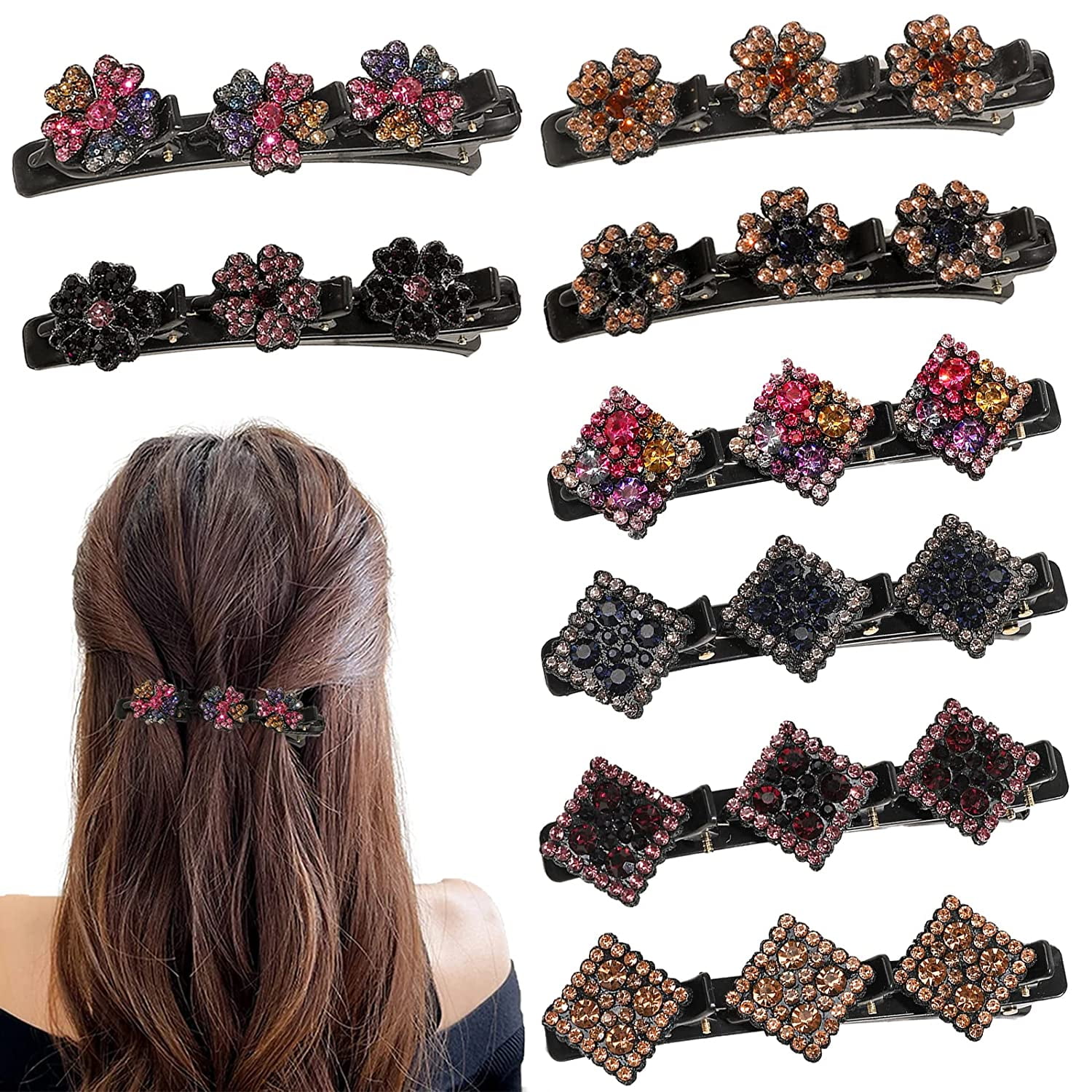 8 Pcs Sparkling Crystal Stone Braided Hair Clips Double Layer Triple ...