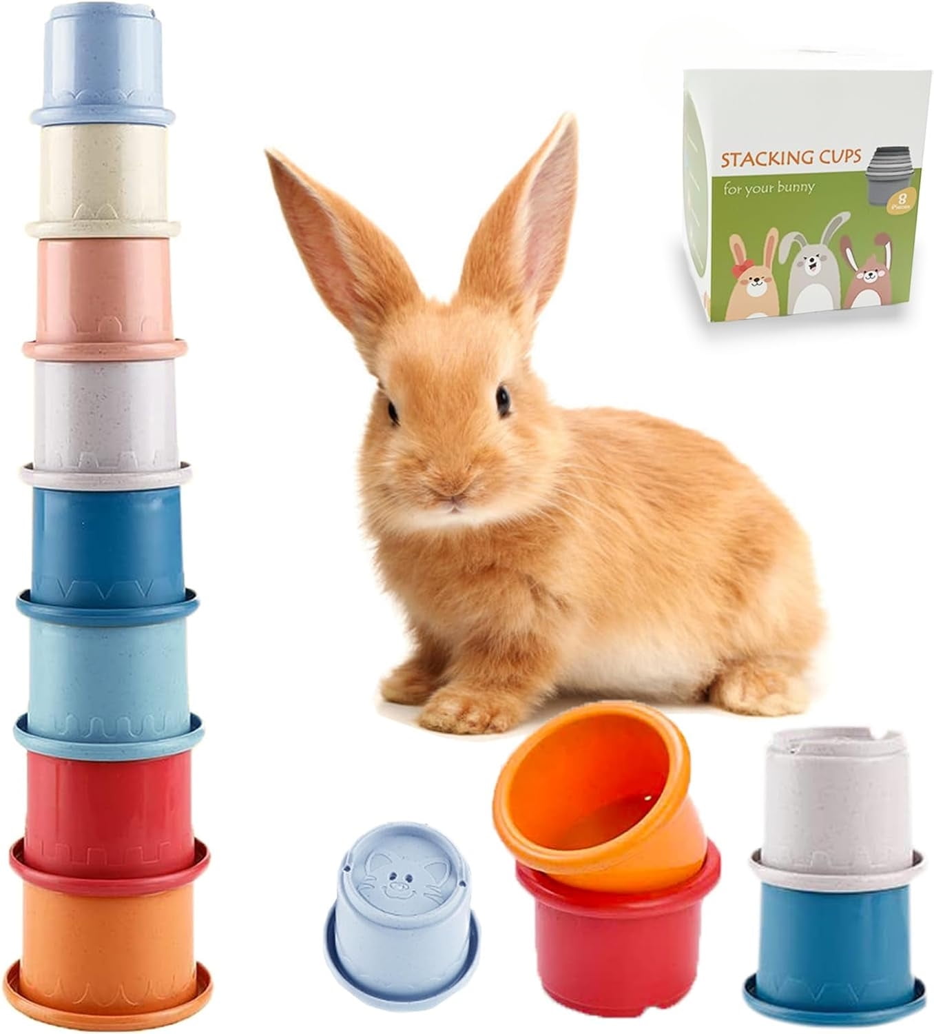 8 Pcs Stacking Cups for Rabbits Guinea Pig Reusable Multi-Colored Bunny ...