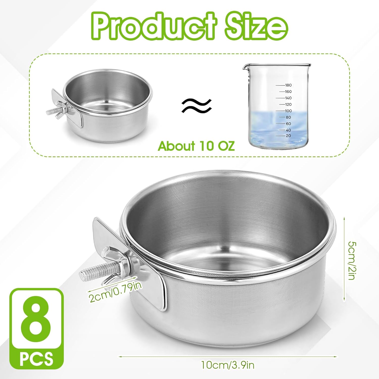8 Pcs Stainless Steel Bird Bowls with Clamp Holders - 10 Oz Heavy Duty ...
