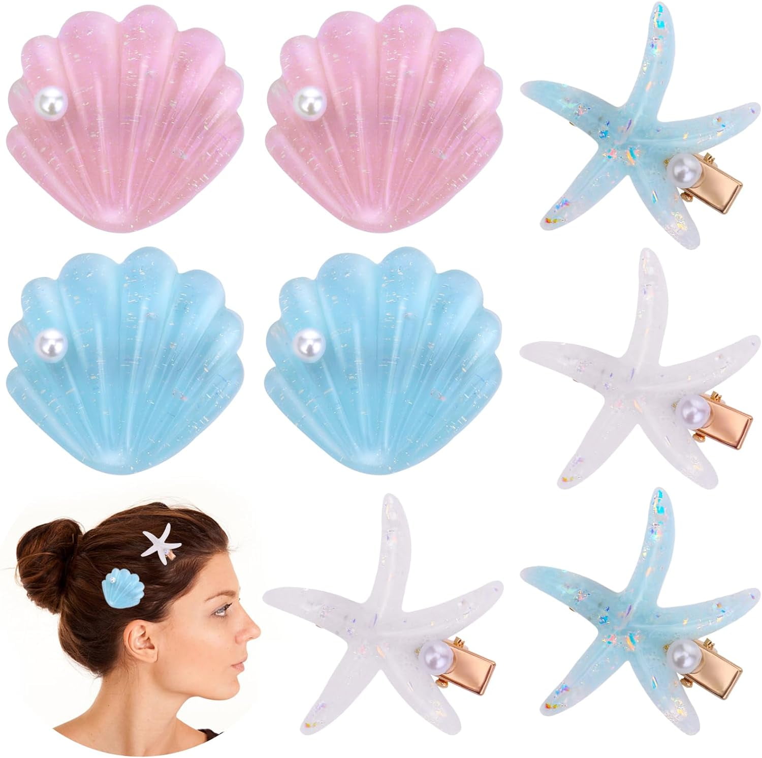 8 Pcs Starfish Sea Shell Hair Clips Set Glitter Barrettes Beach ...