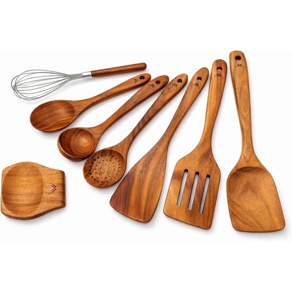 8 Pcs Teak Wooden Utensil Set – Premium Cooking Utensils Set, Natural ...