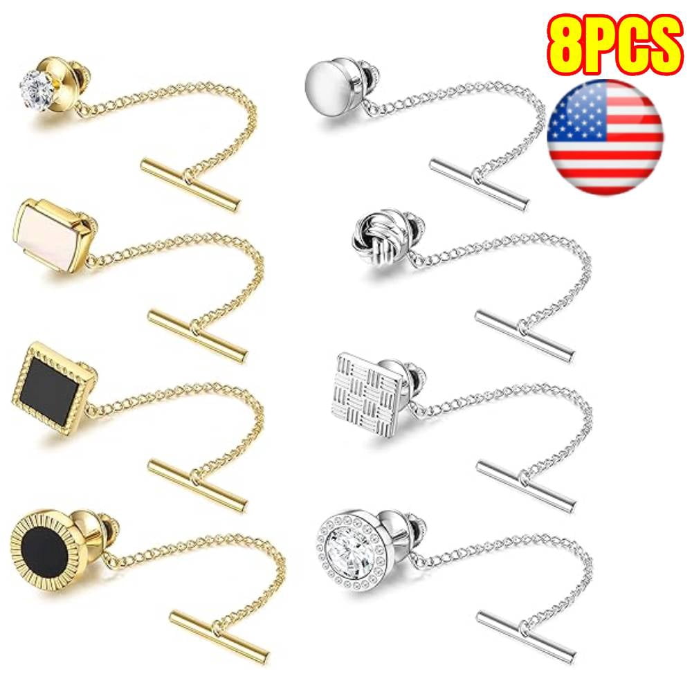 8 Pcs Tie Tacks for Men Tie Pin with Chain Silver Gold Tack Clutch for ...
