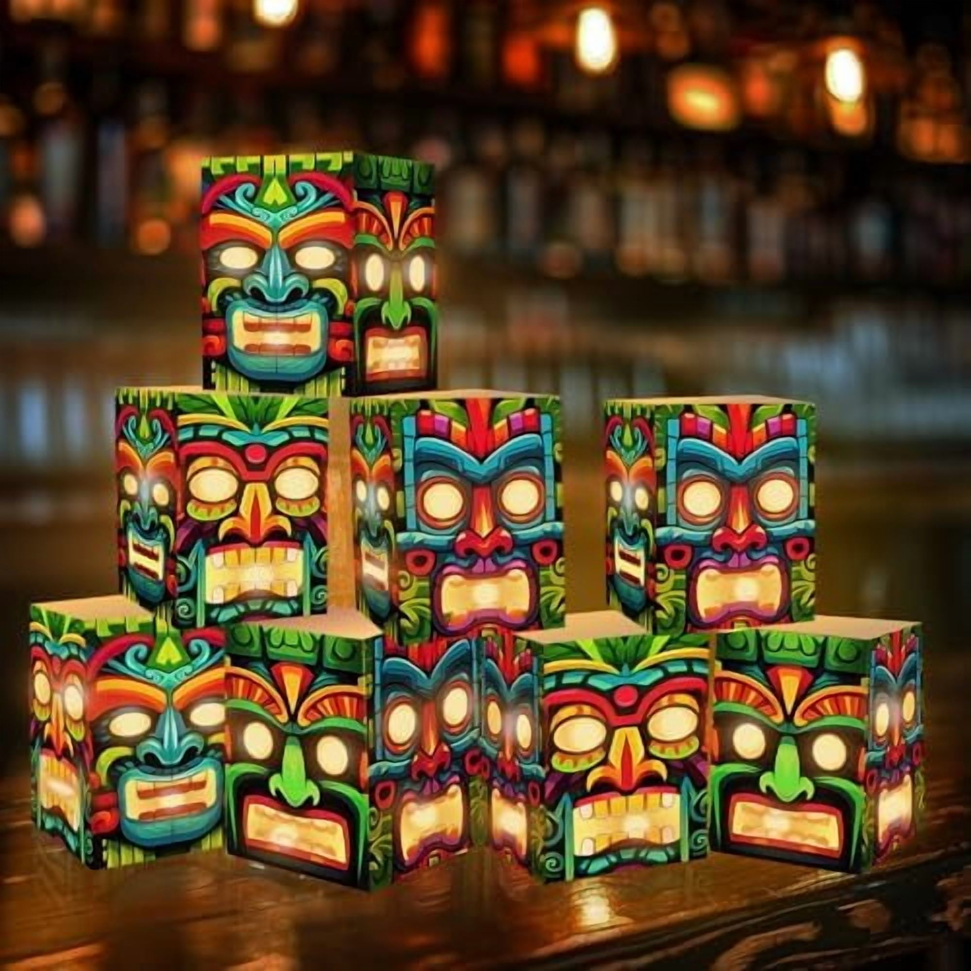 8 Pcs Tiki Totem Box Decor with Light - Tropical Column Card Stock ...