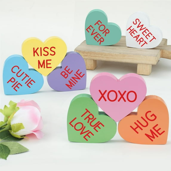 8 Pcs Valentines Day Heart Wood Sign Candy Heart Tabletop Centerpiece ...