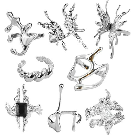 8 Pcs Vintage Chunky Silver Rings Set, Adjustable Non-Tarnish Y2K Stacking Rings for Women, Goth ...