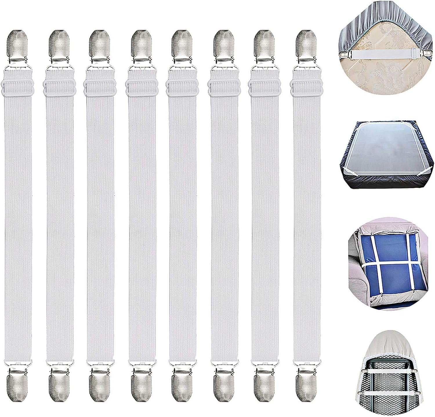 8 Pcs White Adjustable from 7.9" to 23" Bed Sheet Straps Suspenders ...