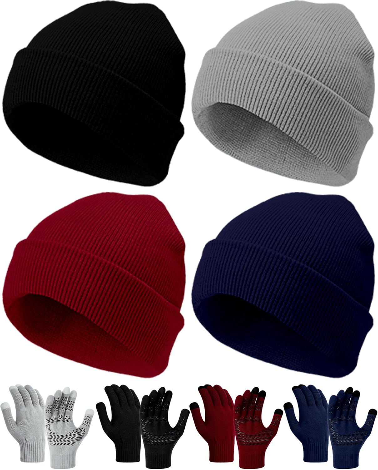 8 Pcs Winter Beanies and Gloves Set for Men Women, Stretchy Knitted ...